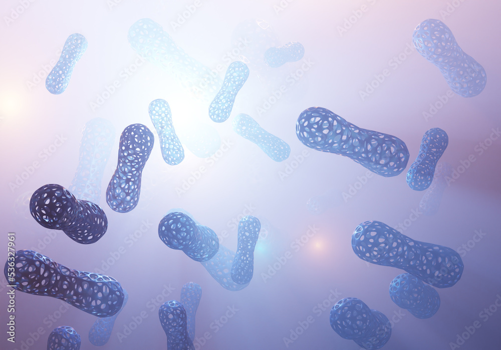 Bacteria inside digestive system. Bacteria cells with light flash ...