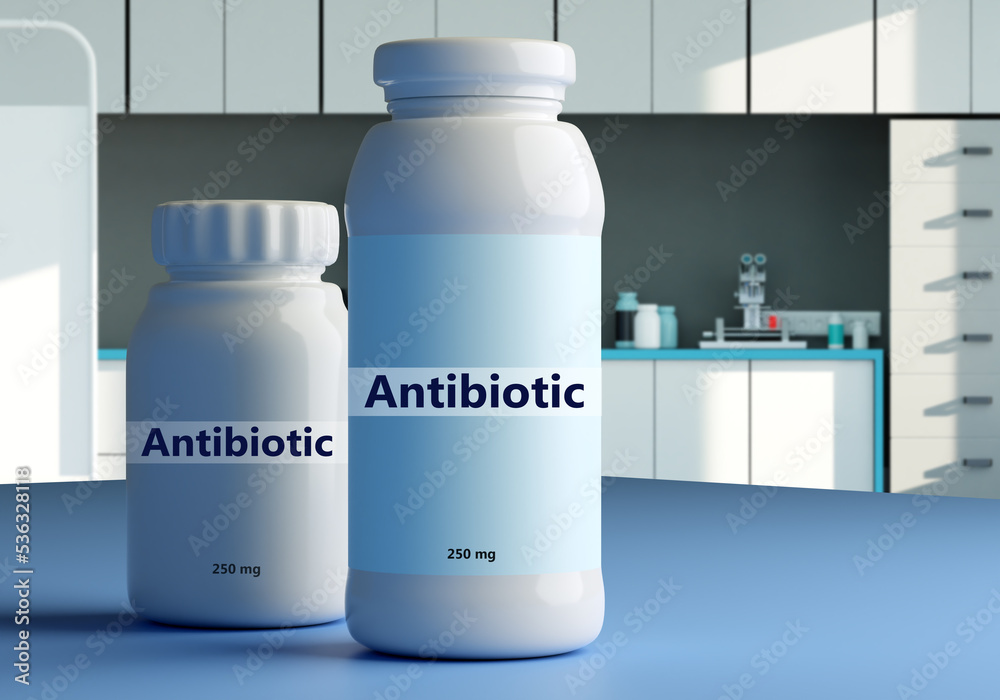 Antibiotic research. Medicines in white jars. Concept testing ...