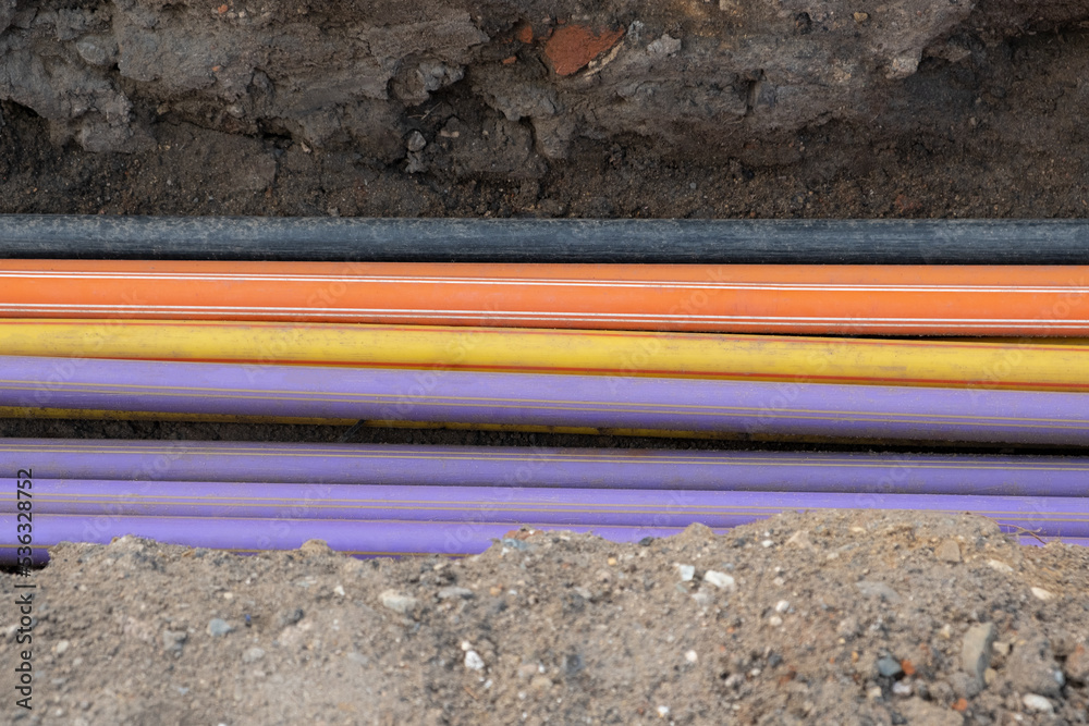 underground electric cable infrastructure installation. Construction ...