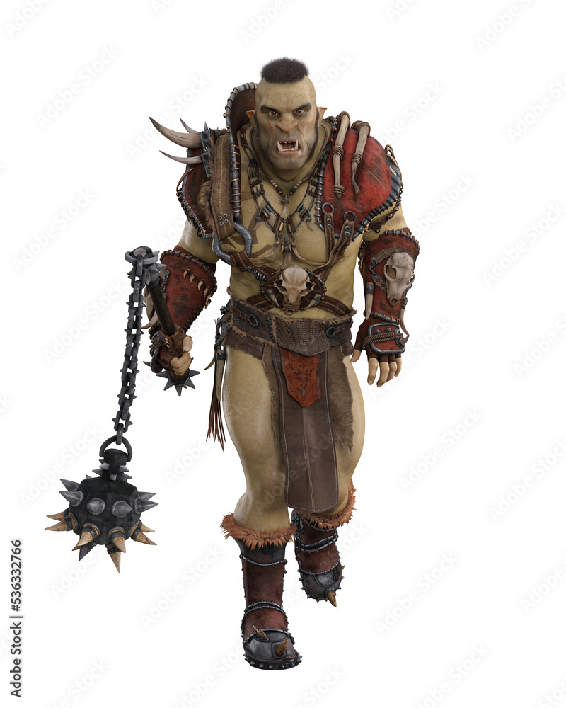 Fierce fantasy Orc brute with green skin and tattoo, wearing barbarian ...