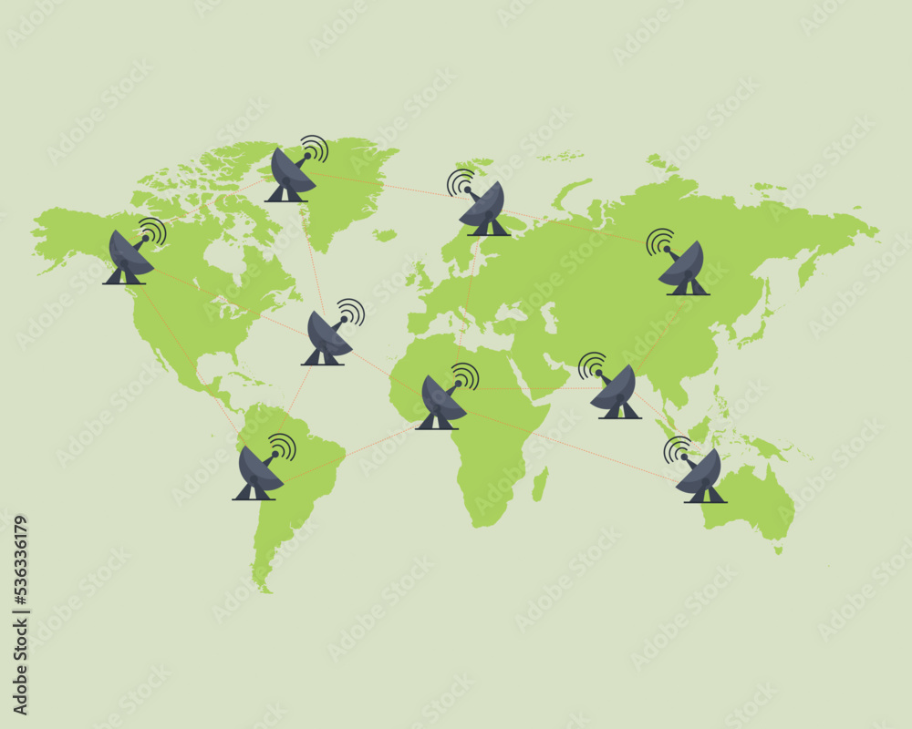 Antennas on global map, Complex telecom network Communication diagram ...