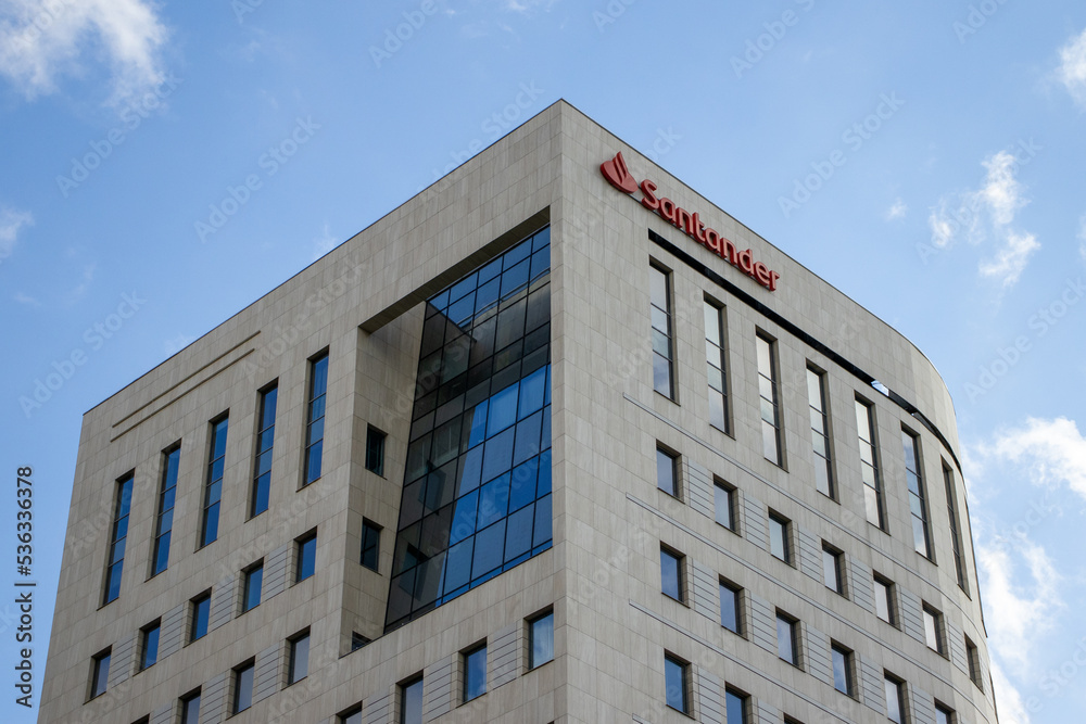 Santander Bank logo. Building with bank logo in Warsaw. Stock Photo ...