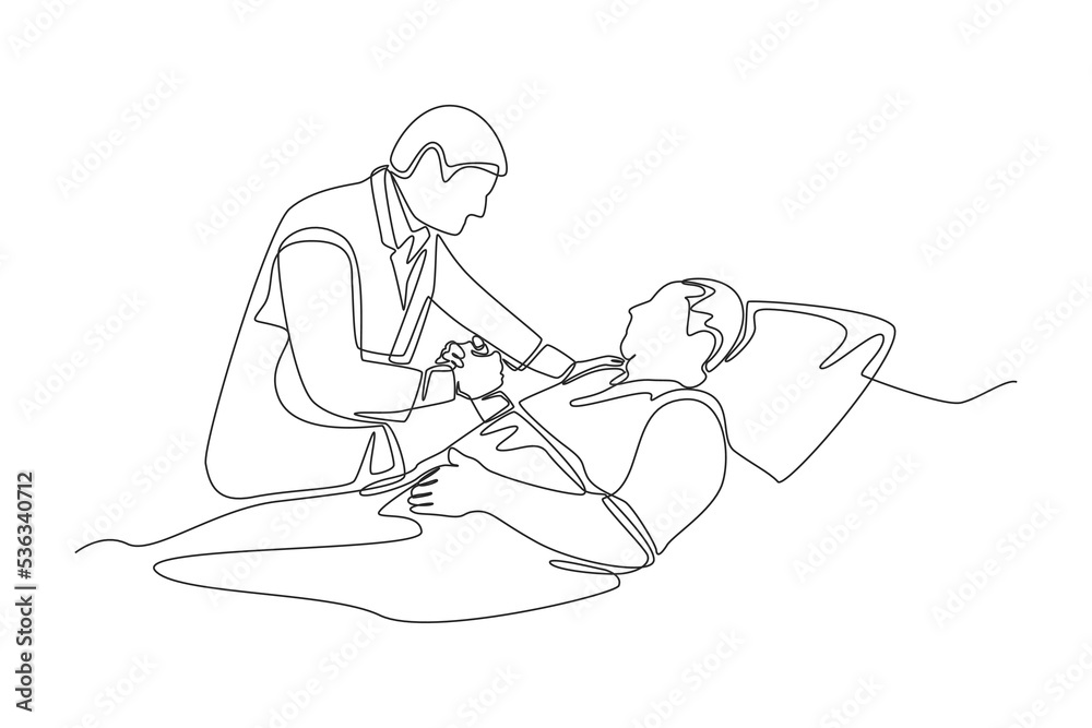Continuous one line drawing male doctor supporting putting hand on ...