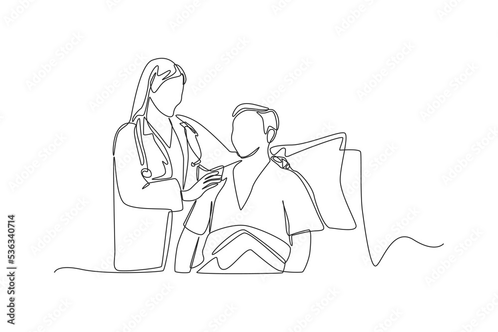 Continuous one line drawing Female Doctor taking care of suffering ...
