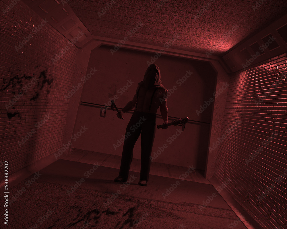 3d illustration of a masked serial killer or crazed murderer holding an ...