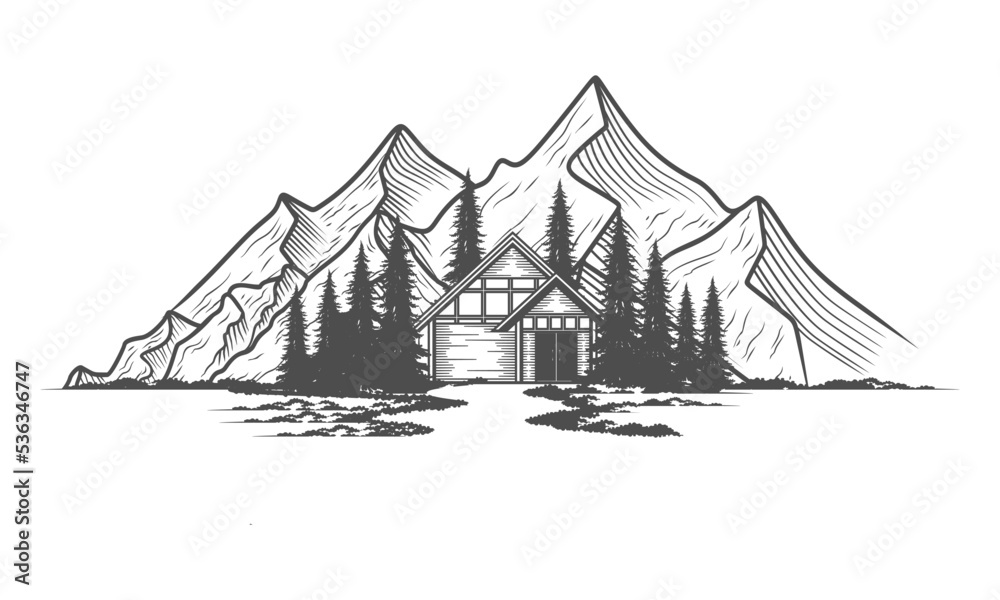 Cabin vector design. log cabin illustration in mountain and forest ...