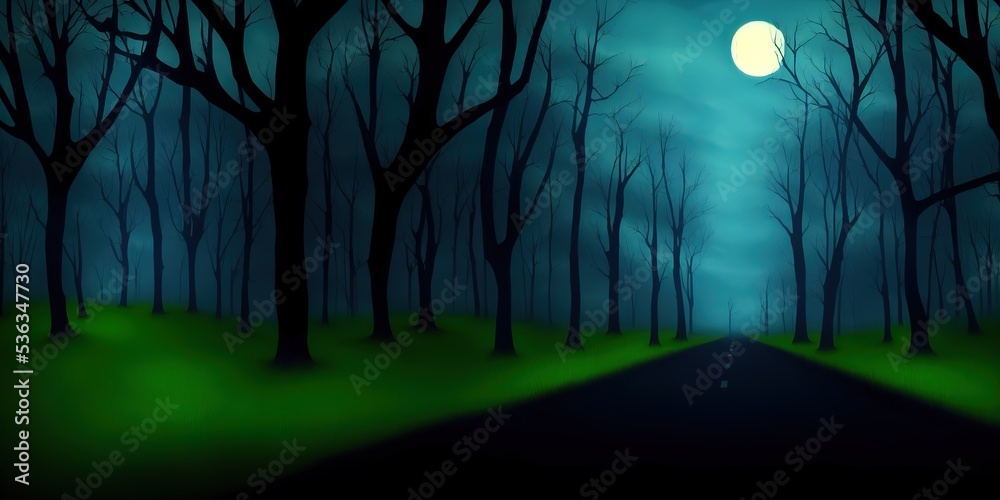 Raster illustration of spooky empty road in dark scary forest. A scene ...