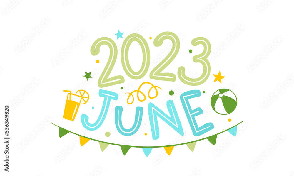 June 2023 logo with hand-drawn ball, lemonade, stars and garland ...