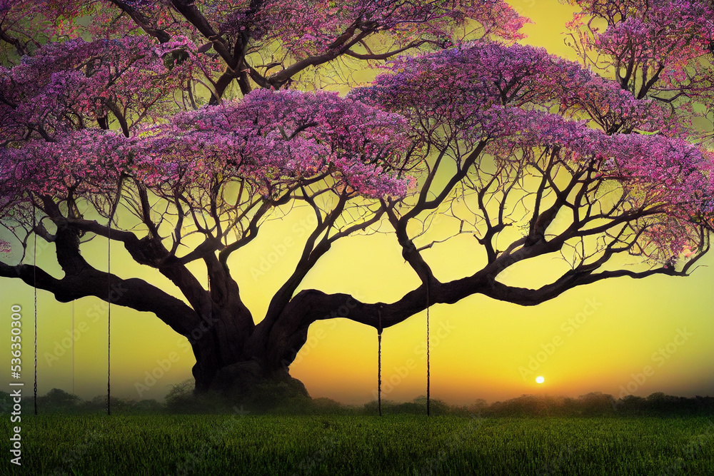 tree blossom in the sunset. 4k background. Digital illustration. Stock ...