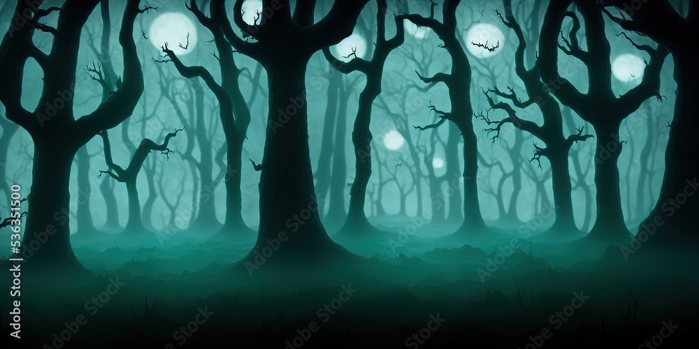 Haunted forest creepy landscape illustration. Fantasy Halloween forest ...