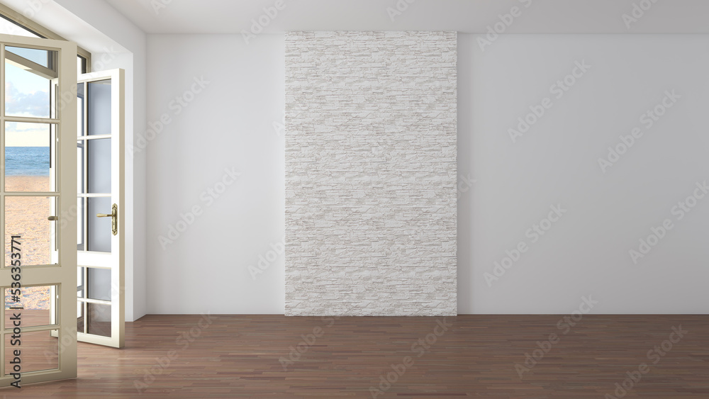 Mockup Interior with Sea View. Empty Hotel Room with Open Doors ...