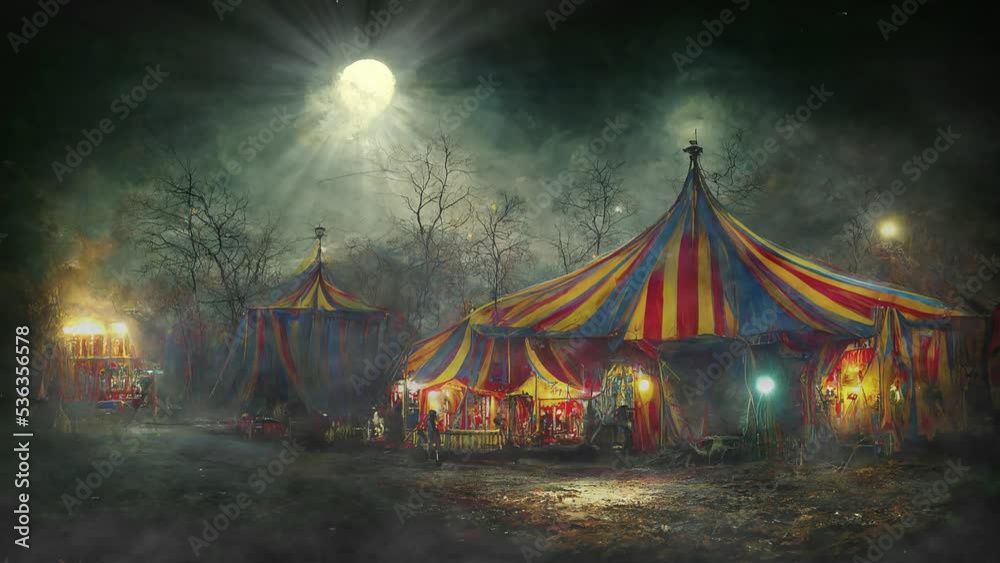 An eerie haunted circus at night under a full moon, created with ...