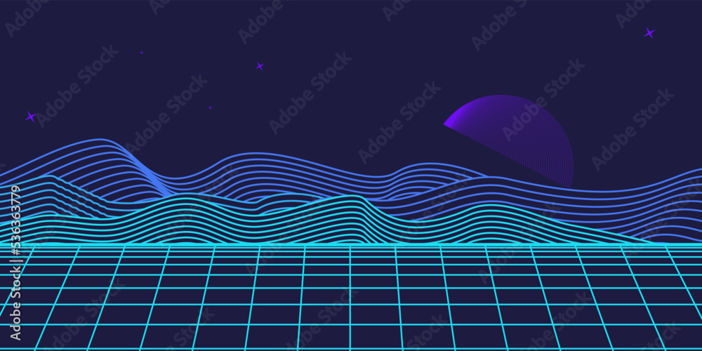 Retro background futuristic landscape 1980s style. Digital retro ...