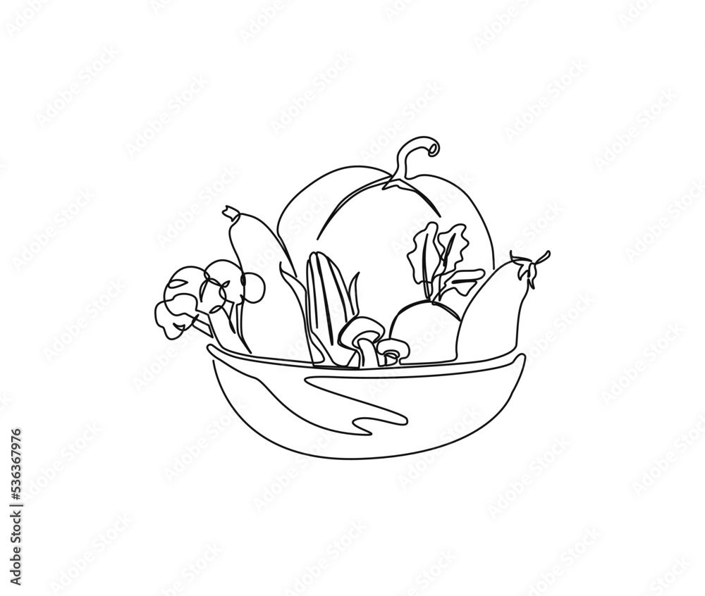 Continuous one line drawing of vegetable on the bowl. Vegetables hand ...
