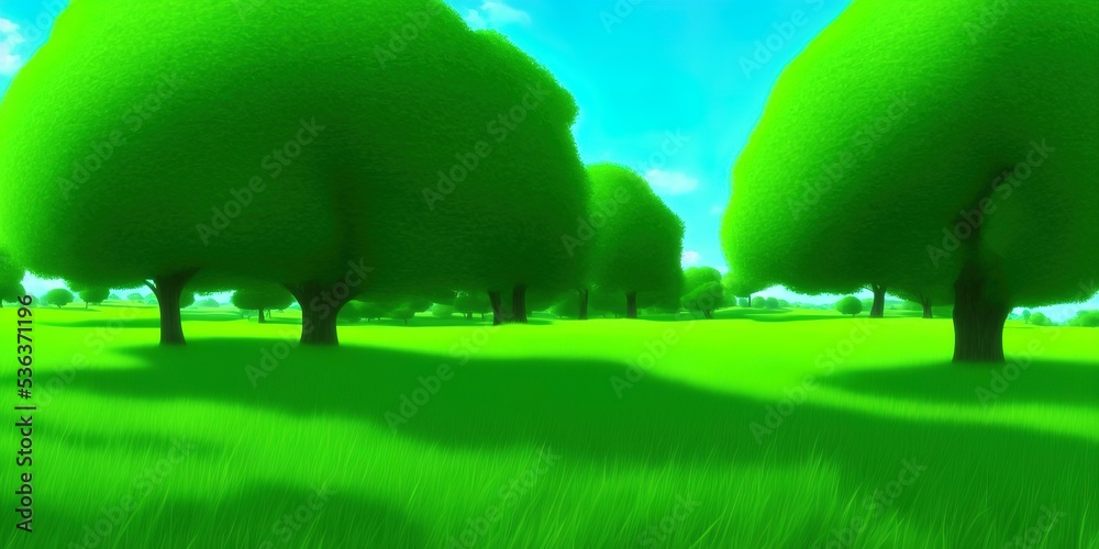 Wide, isolated landscape including vibrant green grass and a full tree ...