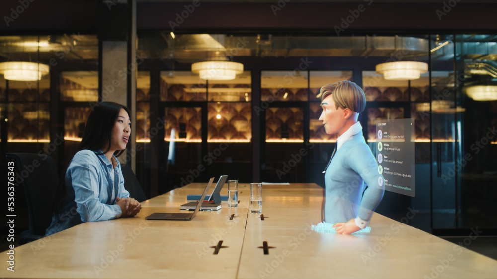 Video call chat conference of an asian woman using hologram technology ...