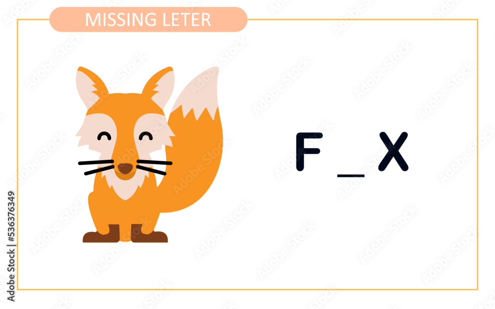 Find missing letter with fox spelling. spelling game for kids. activity worksheet for kids ...