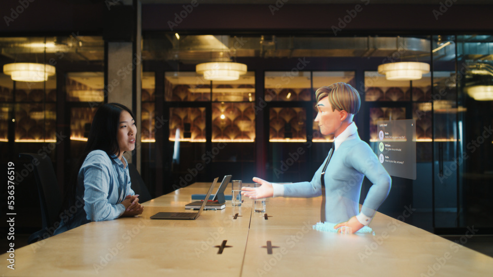 Video call chat conference of an asian woman using hologram technology ...