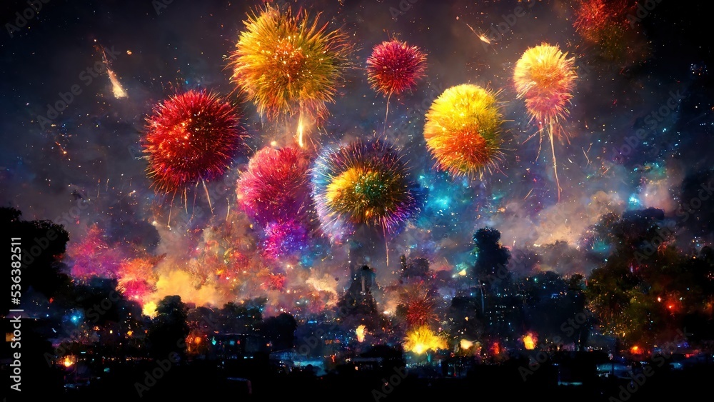 Realistic colorful explosion of fireworks over the night city Stock ...