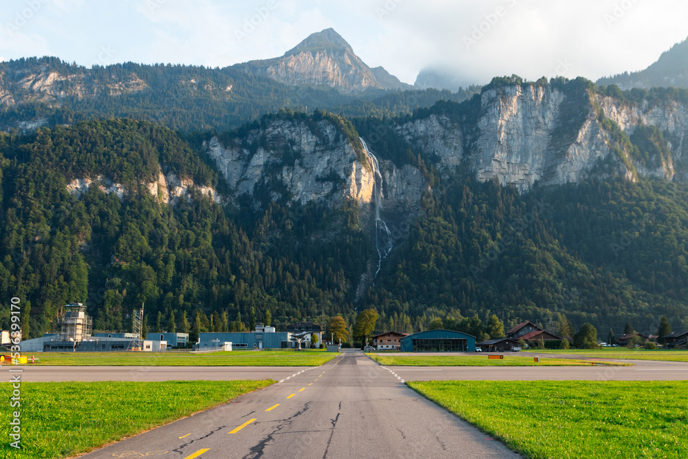 Oltschibachfall seen from Meiringen Airport in Switzerland. This ...