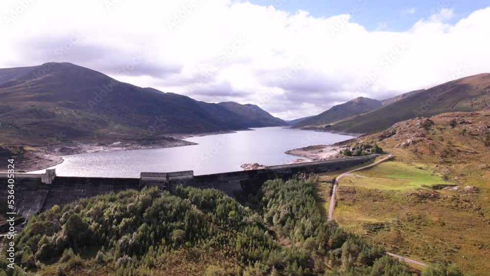 Bird's eye view of a water dam at Loch Mullardoch in Cannich, Scottish ...