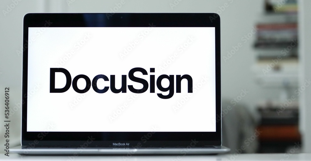 Laptop displaying the logo of DocuSign a virtual signature software ...