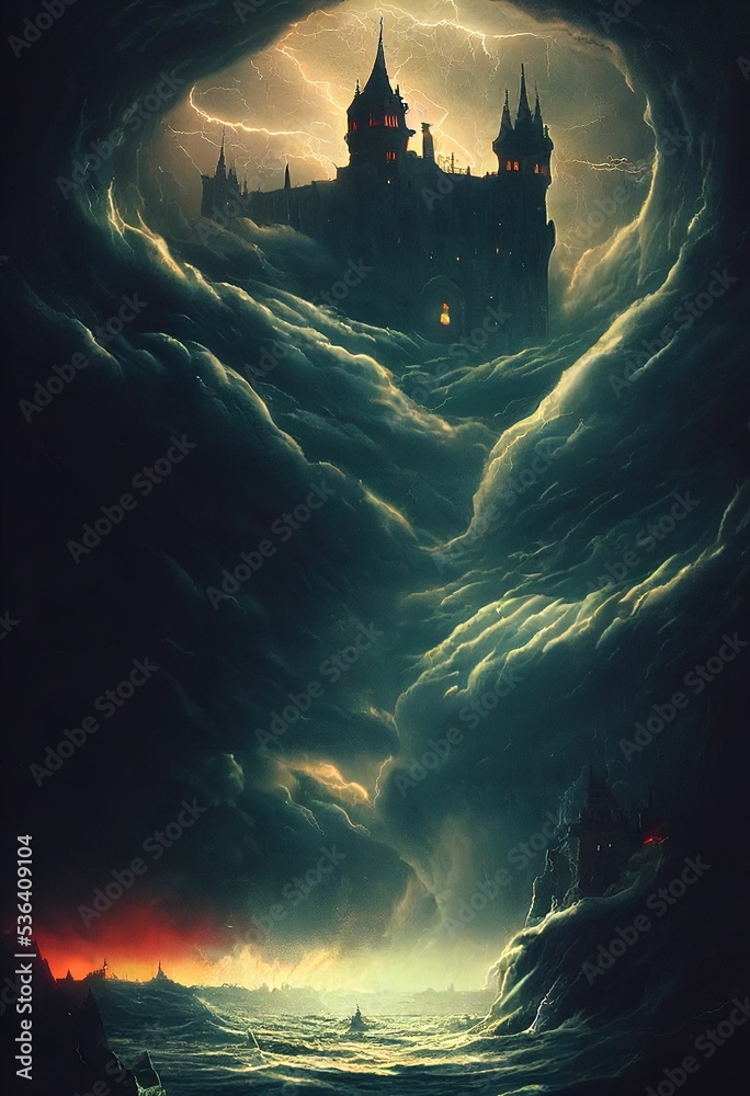 Vertical illustration of a dramatic scary castle on the top of a ...