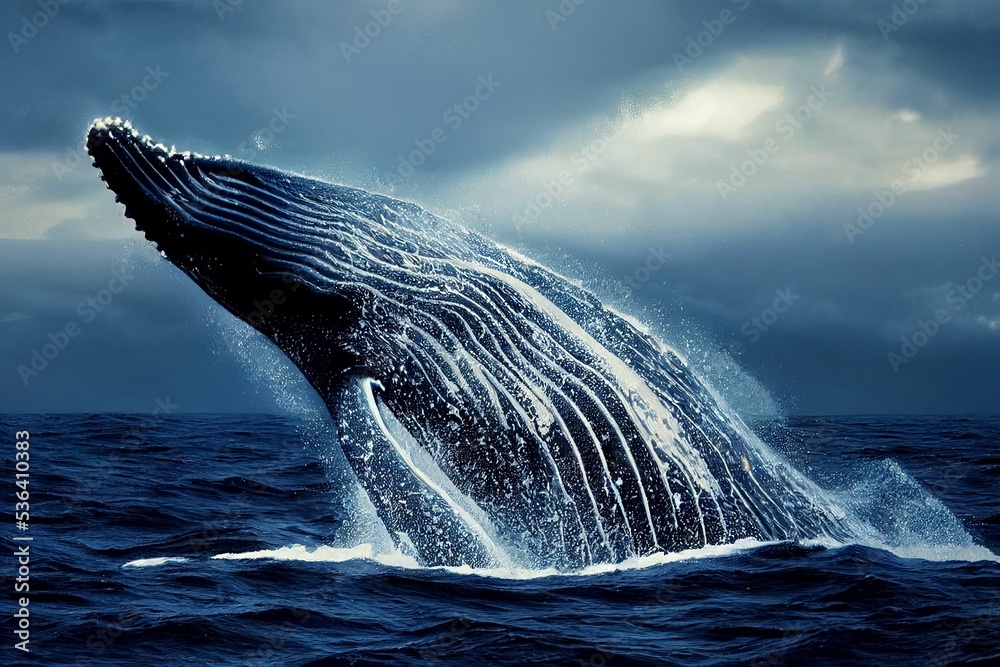 Sci-fi illustration of enormous whale swimming in the sea Stock ...
