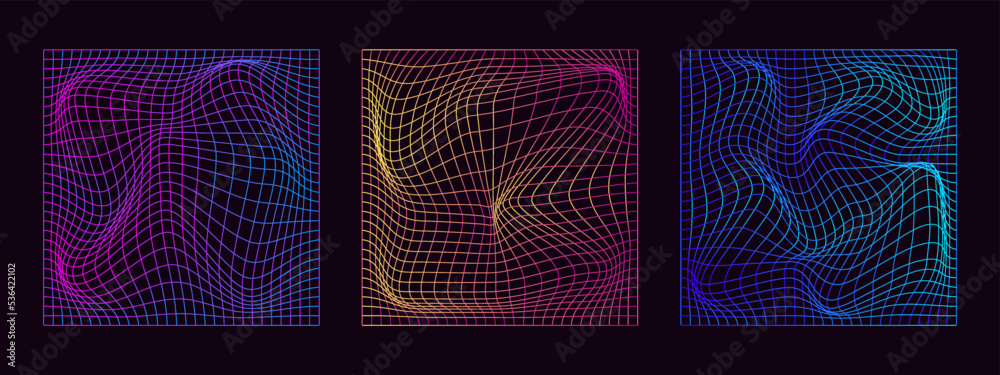 Set of distorted neon grid pattern.Retrowave, synthwave, rave ...