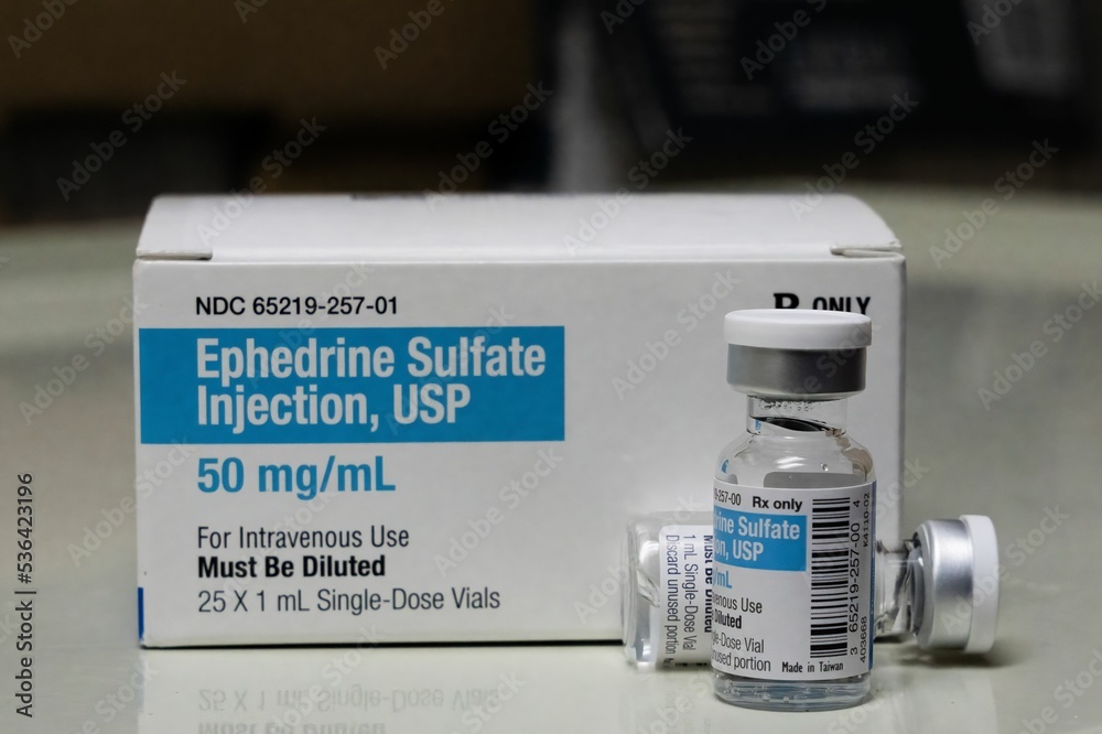 View of the bottles before the box of Ephedrine Sulfate Injection, USP ...