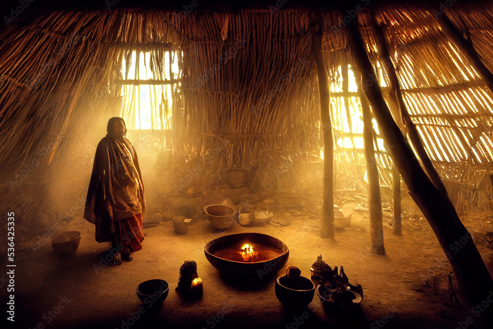 Concept fantasy art of a shaman spiritual healer stood in his hut ...