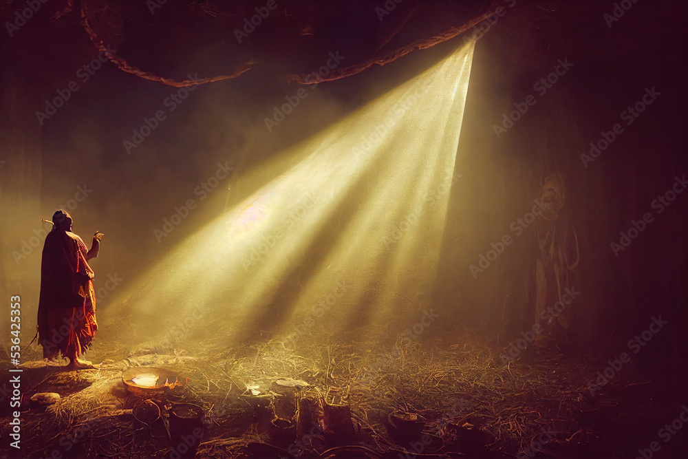 Concept fantasy art of a shaman spiritual healer stood in his hut ...