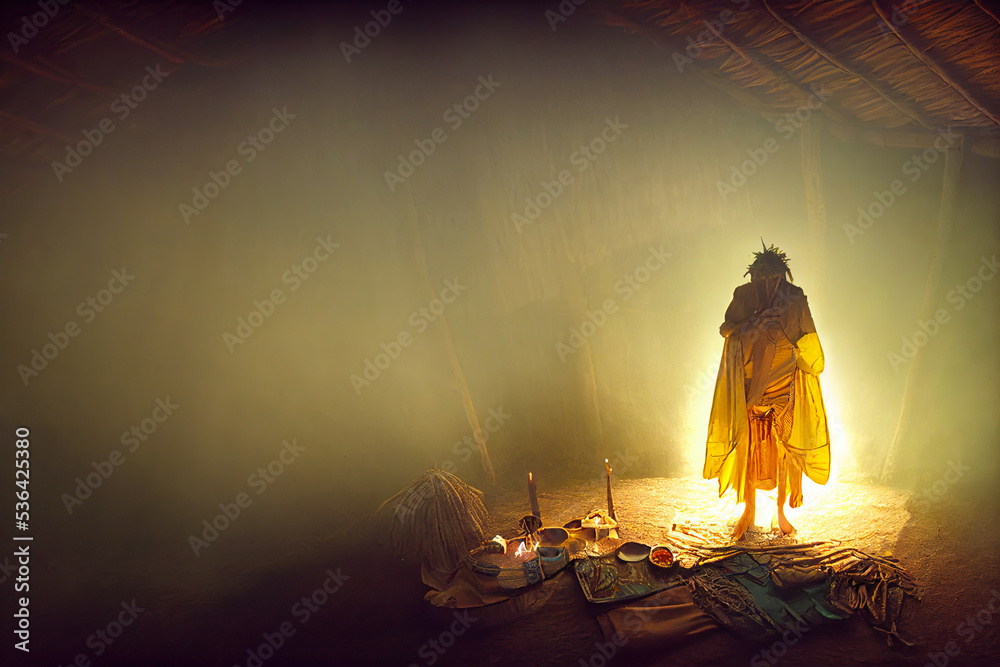 Concept fantasy art of a shaman spiritual healer stood in his hut ...