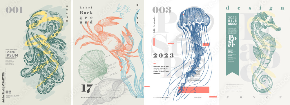 Poster. Octopus, crab, shells, jellyfish, seahorse. Typography, vintage ...