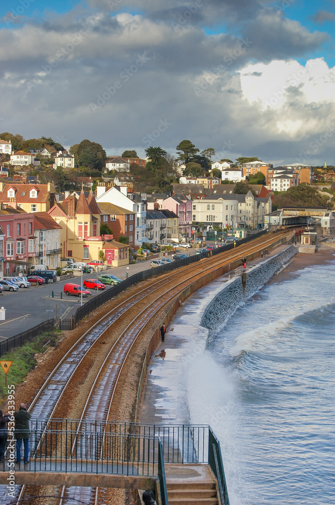Heavy waves hitting the sea wall at Dawlish railway line during a storm ...