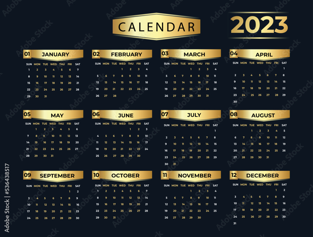 2023 yearly calendar in Golden Color, isolated on a dark background ...