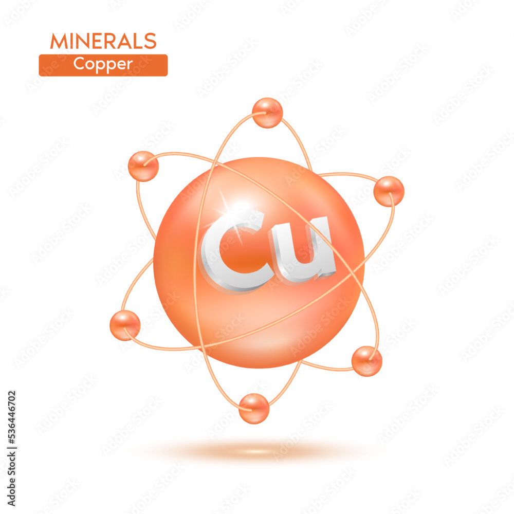 Minerals copper atom surrounded by electrons orange. Icon 3D isolated ...