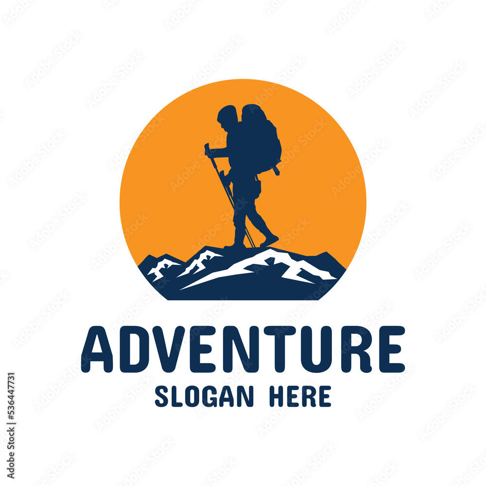 Hiking adventure logo design vector. mountain climbing person logo ...
