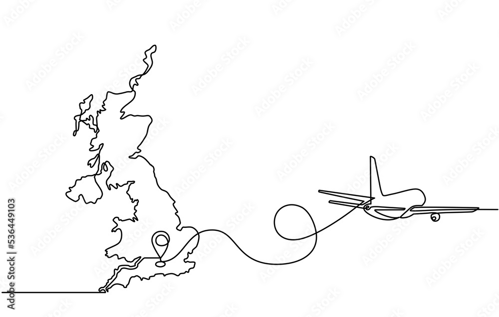 Continuous one line drawing of United kingdom domestic aircraft flight ...