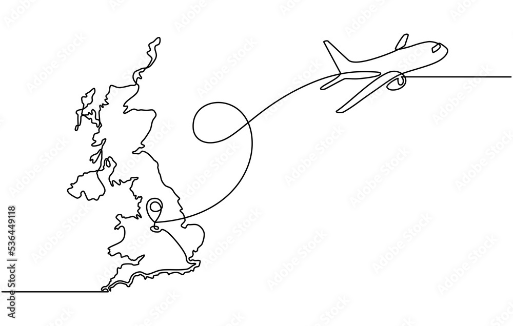 Continuous one line drawing of United kingdom domestic aircraft flight ...