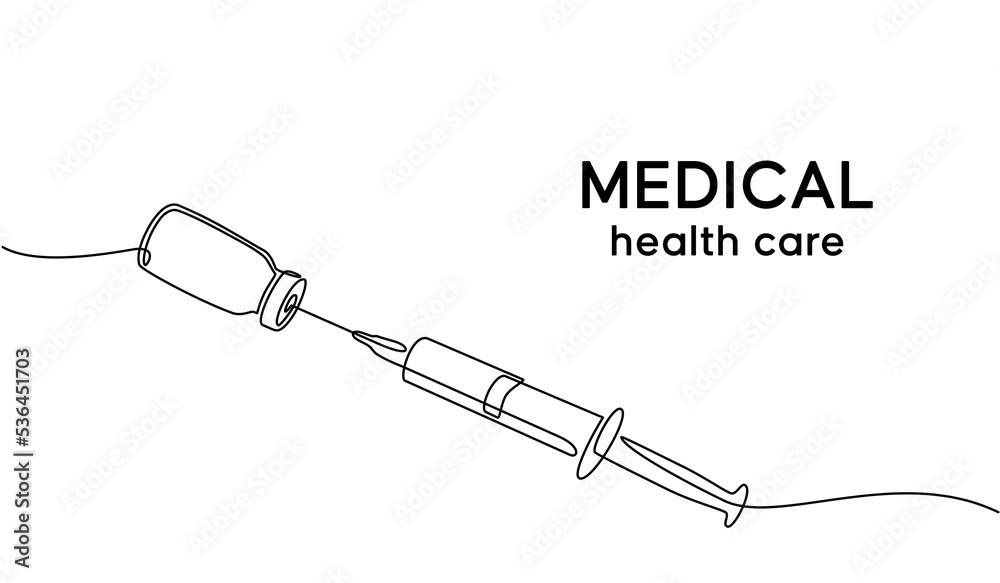 Continuous line drawing of medical health concept. Medical syringe ...