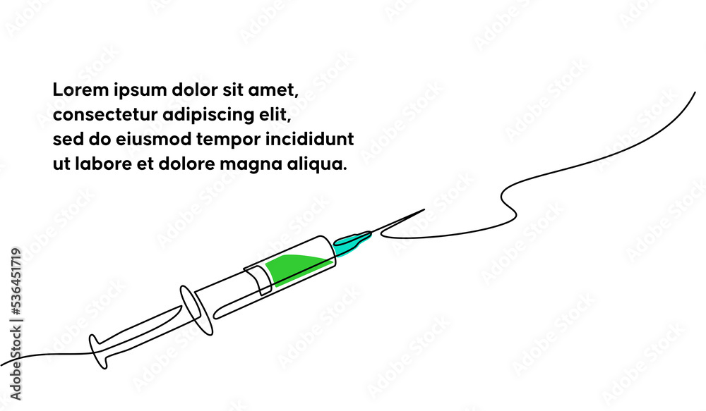 Continuous line drawing of medical health concept. Medical syringe ...