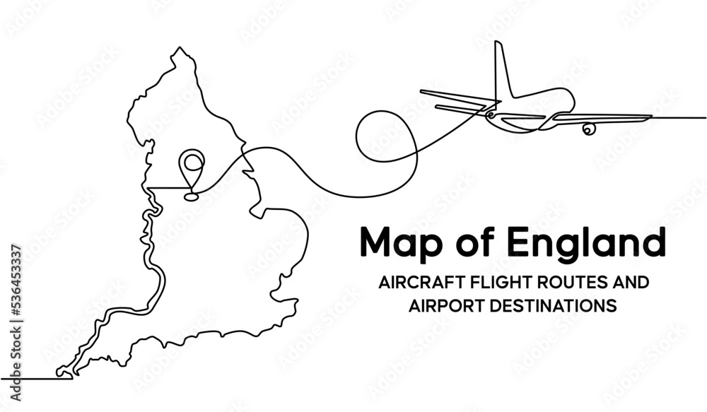 Continuous one line drawing of England domestic aircraft flight routes ...