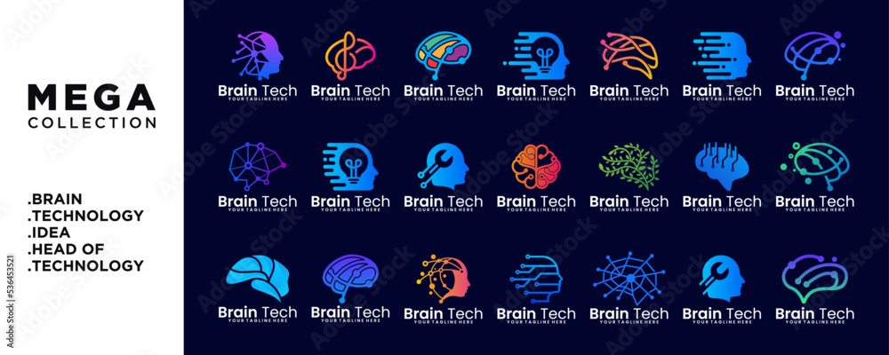 Head Tech Logo set, Pixel Head logo concept vector, brain logo ...