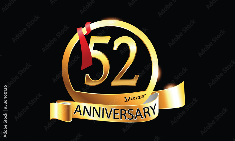 52 Year Anniversary celebration Vector Design with ring and red ribbon ...