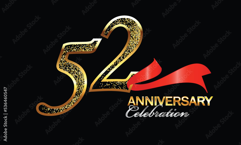52 Year Anniversary celebration Vector Design with red ribbon and ...