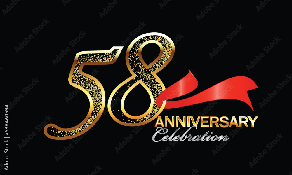 58 Year Anniversary celebration Vector Design with red ribbon and ...
