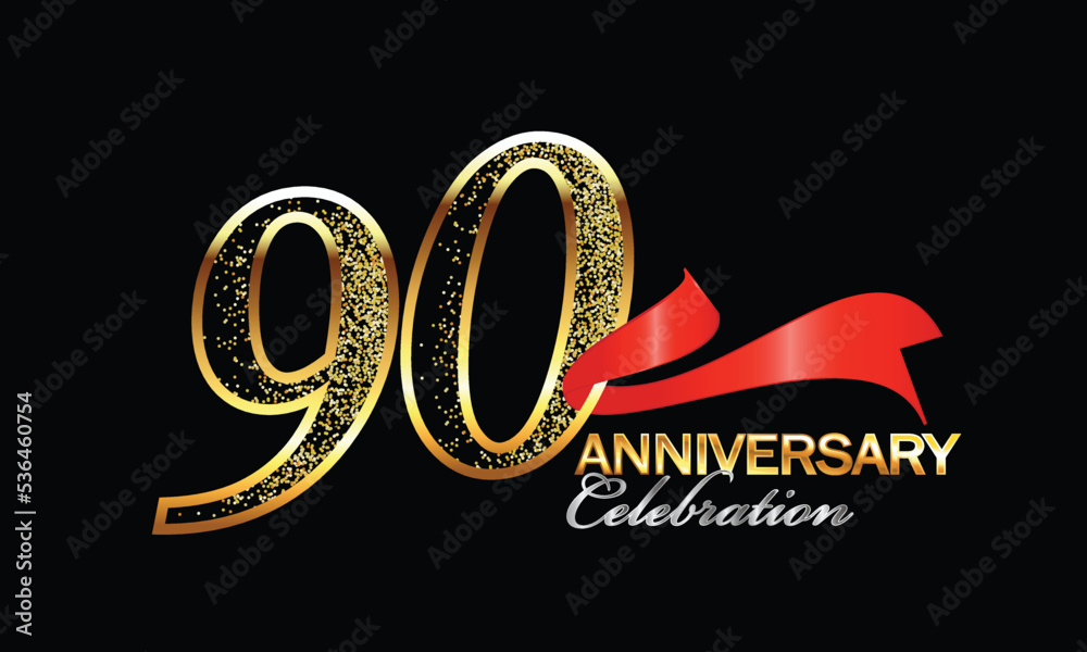 90 Year Anniversary celebration Vector Design with red ribbon and ...