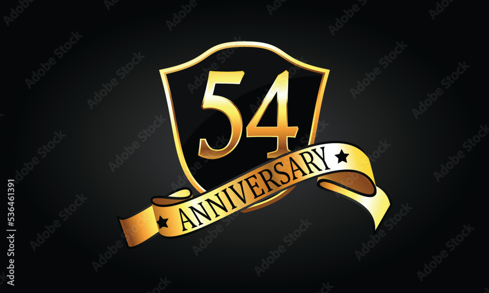 54 year anniversary logo with golden shield and ribbon. Dark elegant ...