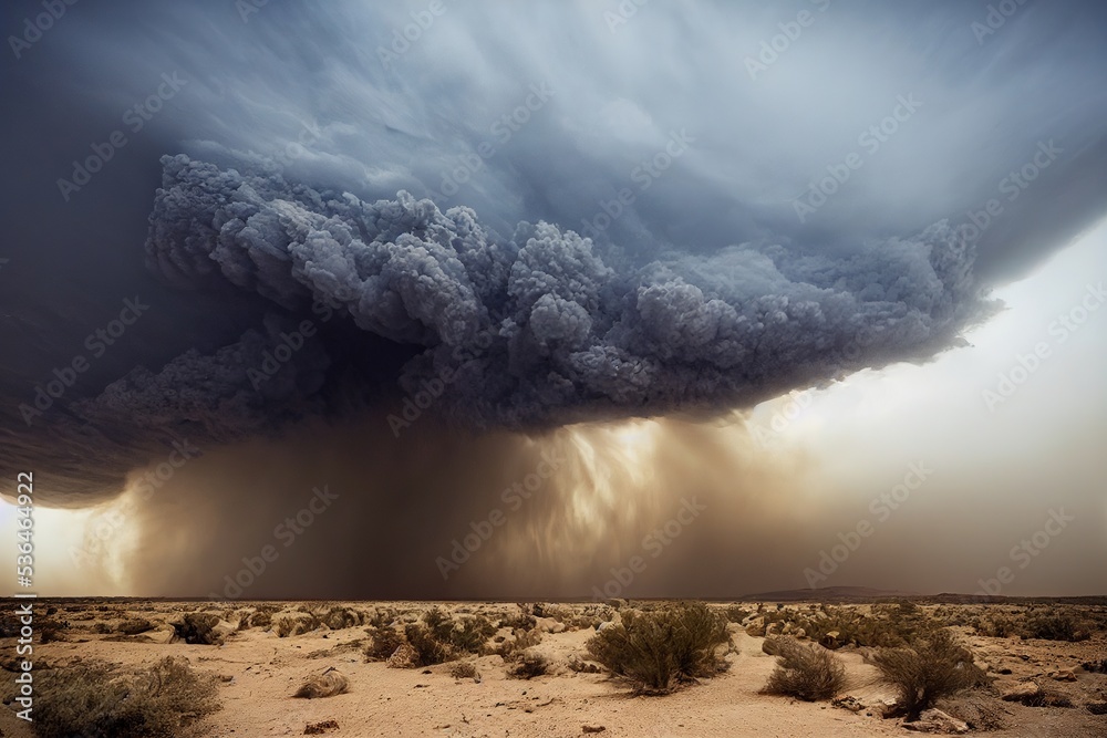 Fierce sandstorm in desert with dust cloud tornado. Fantasy landscape ...
